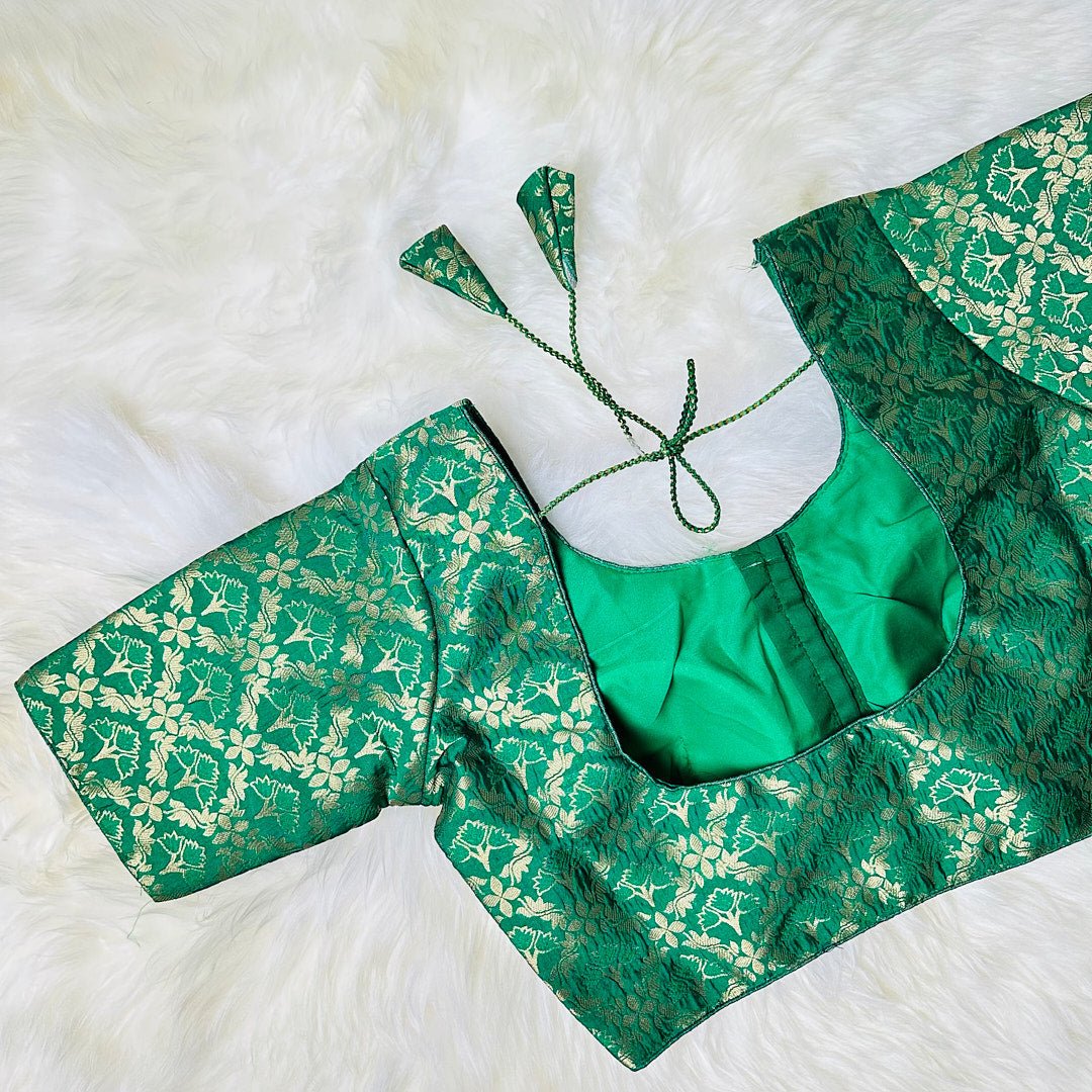 Rama Green Brocade Blouse with Golden Floral Patterns– swadeshsouq.com